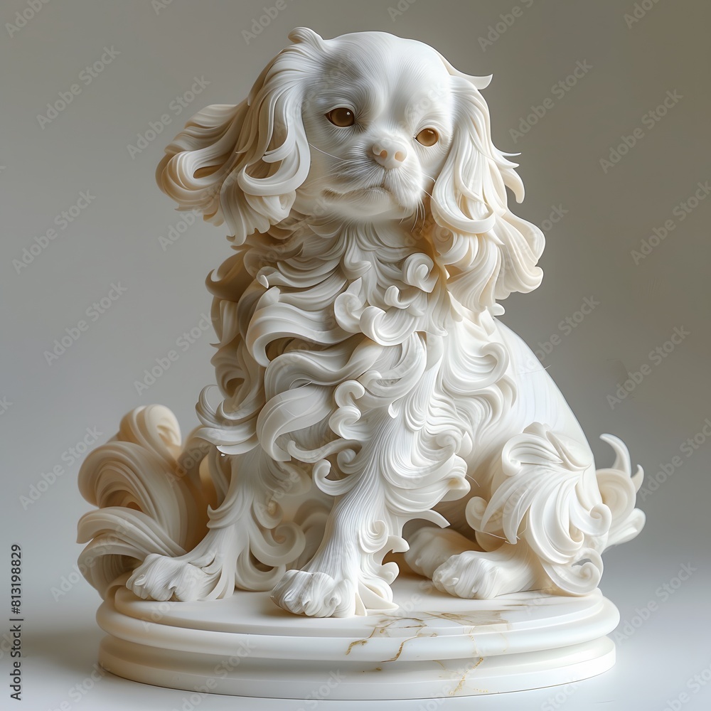 A white dog statue sits on a marble pedestal. The dog has long, fluffy ...