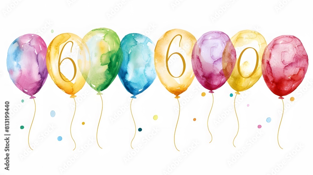 Watercolor 60th birthday clip art with 60 figures and balloons isolated ...