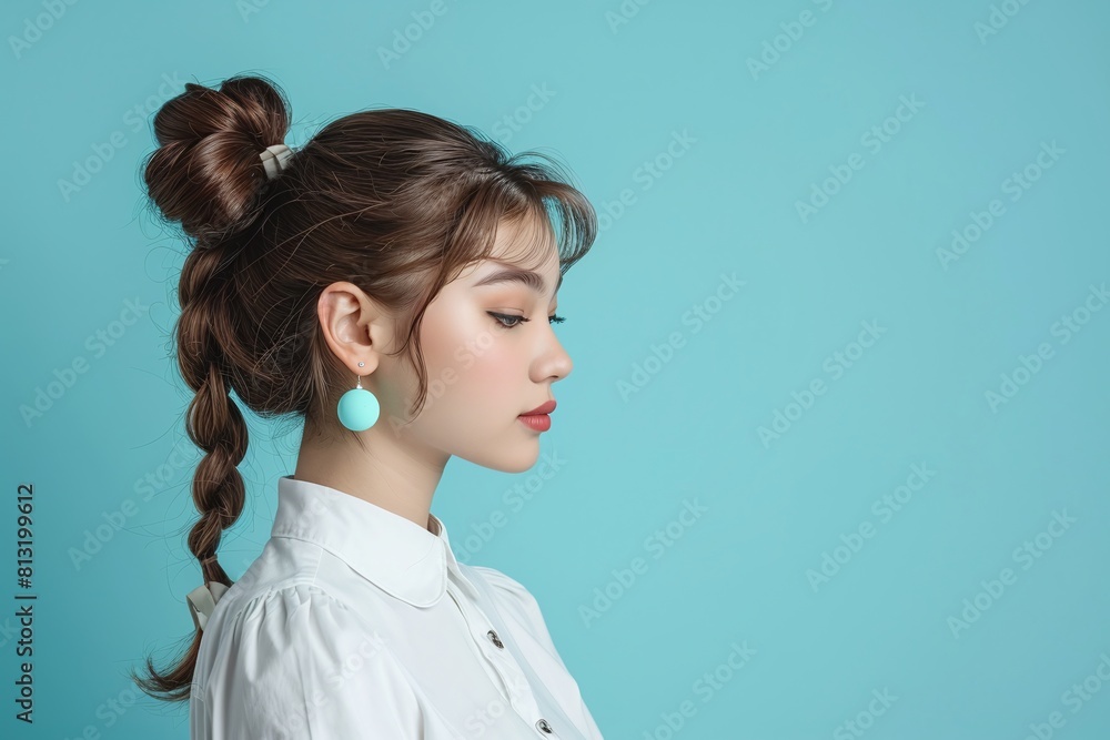Young woman with double buns and braided ponytail on light blue ...