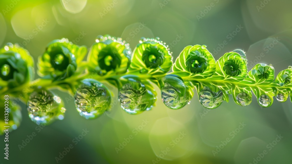 Water droplets caught in the delicate curls of a fern frond ...
