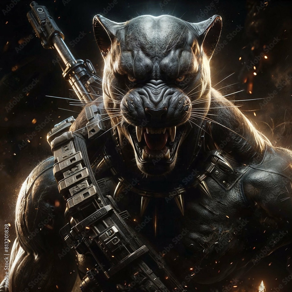 A panther, with a muscular build, is holding a gun and has teeth bared ...