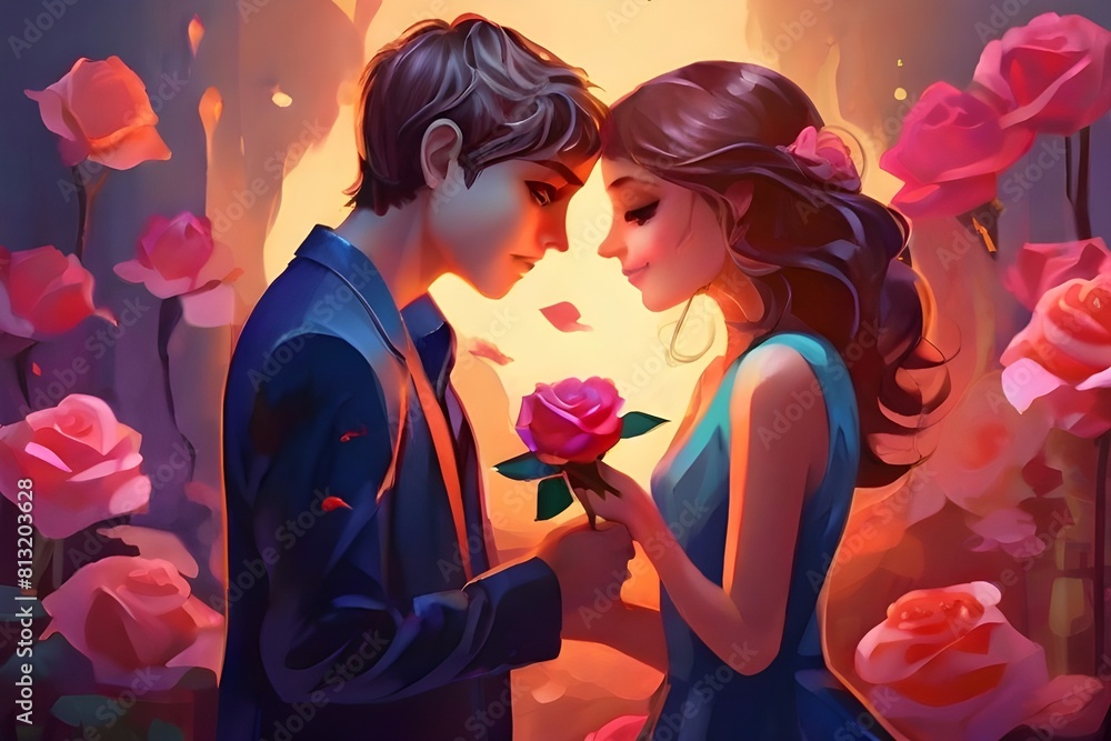 Romantic Gesture: Boy Proposing to Stunning Girl with Rose in Vibrant ...