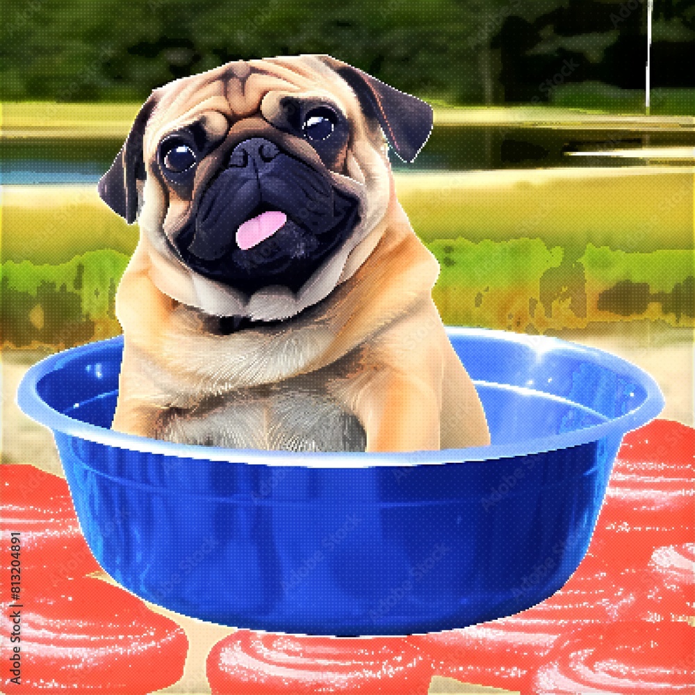 Pug Dog Examining Food Bowls on Kitchen Floor in Pop Art Style, 8 bit ...