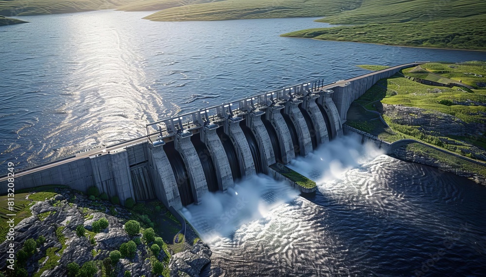 Illustrate a digital twin of a large dam, monitoring water levels ...
