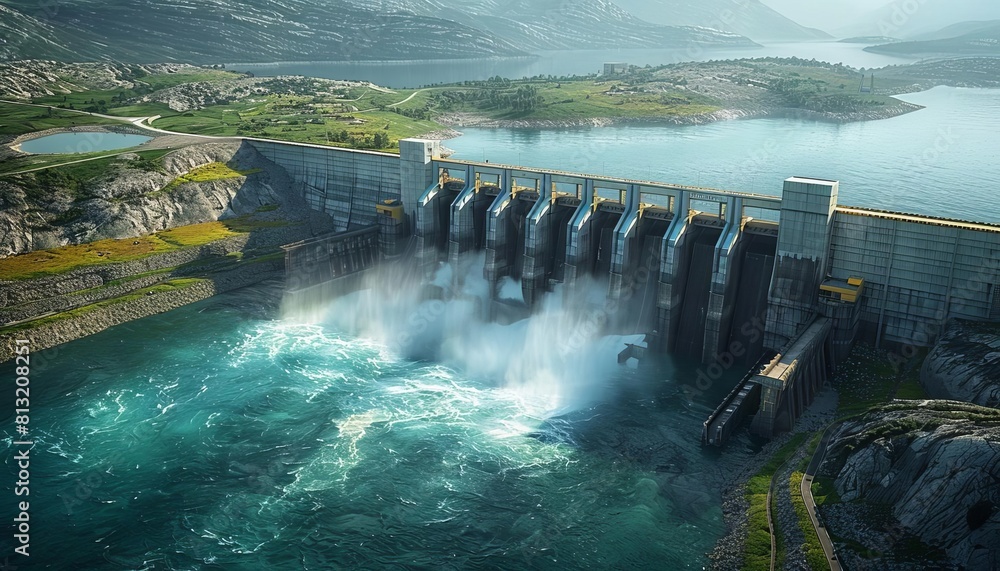 Illustrate a digital twin of a large dam, monitoring water levels ...