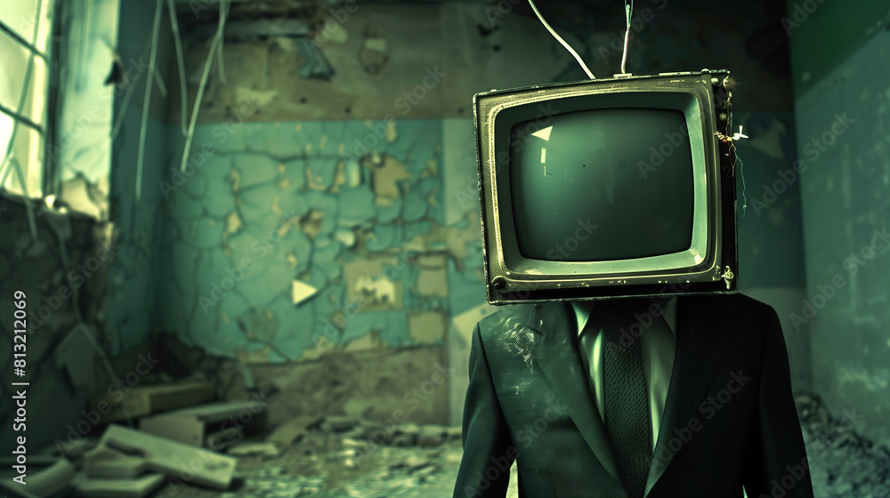 Person with a jacket and tie, and an old TV head, in a broken and ...