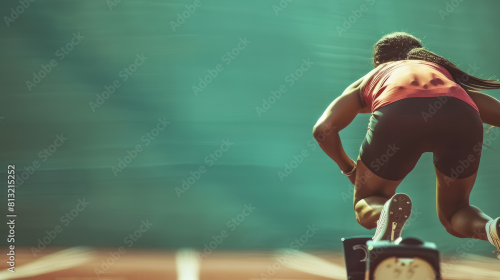 female sprinter in starting blocks at the beginning of a race on a ...