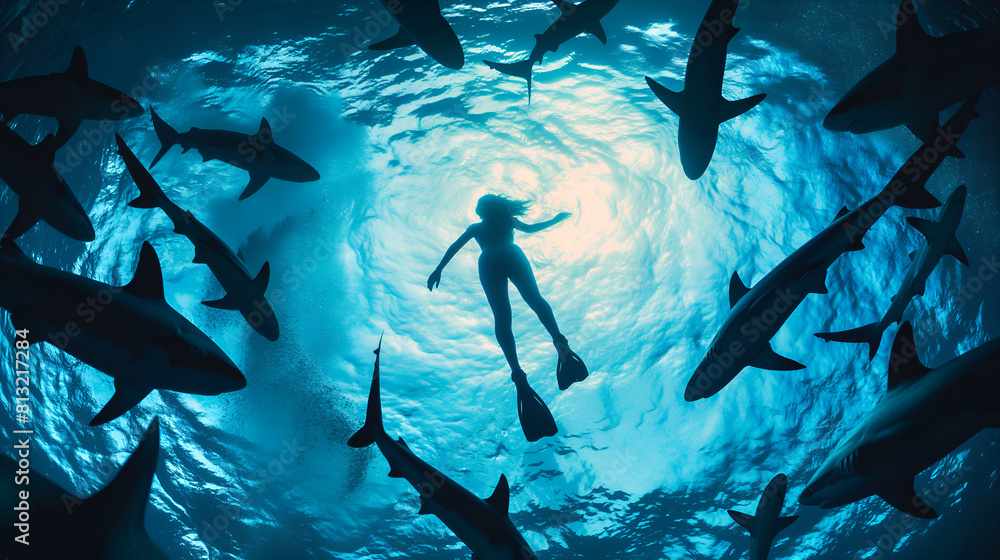 underwater silhouette shot of sharks circling swimmer, female diver ...