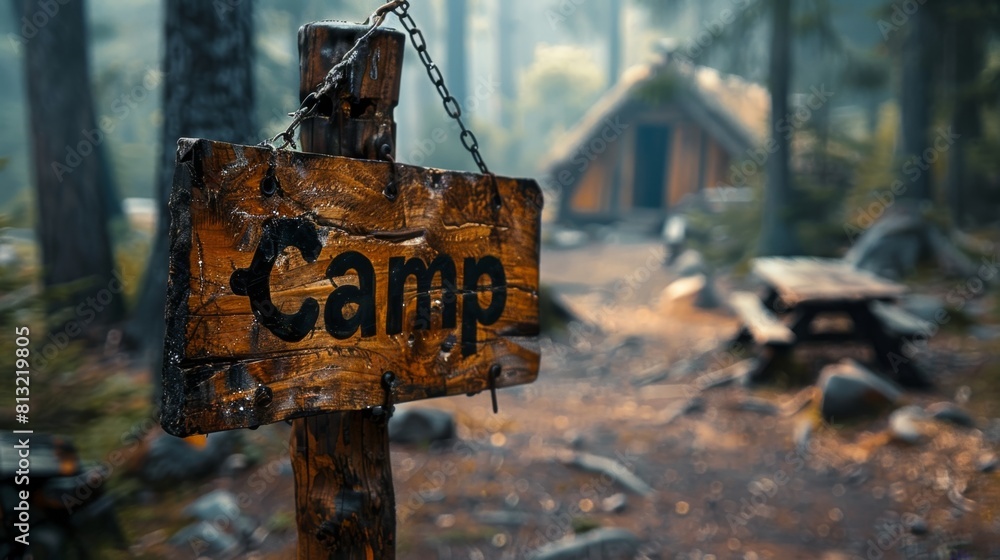 outdoor signage, a rustic campsite scene with a wooden sign reading ...