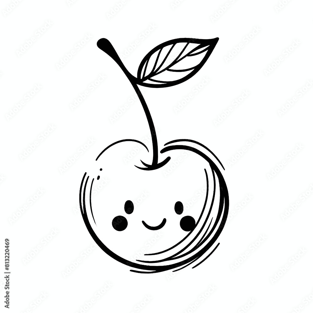 isolated simple outline drawing of a cartoon smiling cherry, on white ...