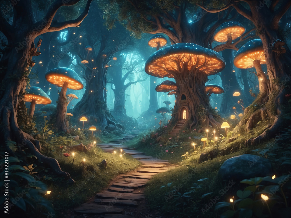 Fantasy unreal forest with magical creatures trees fireflies like in ...