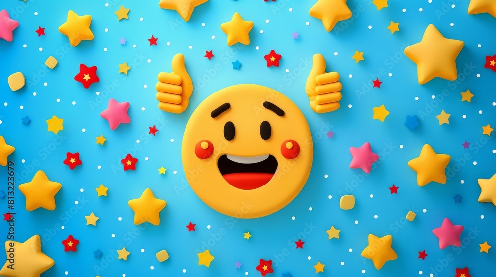 happy smiling emoji surrounded by positive symbols stars and thumbsup ...