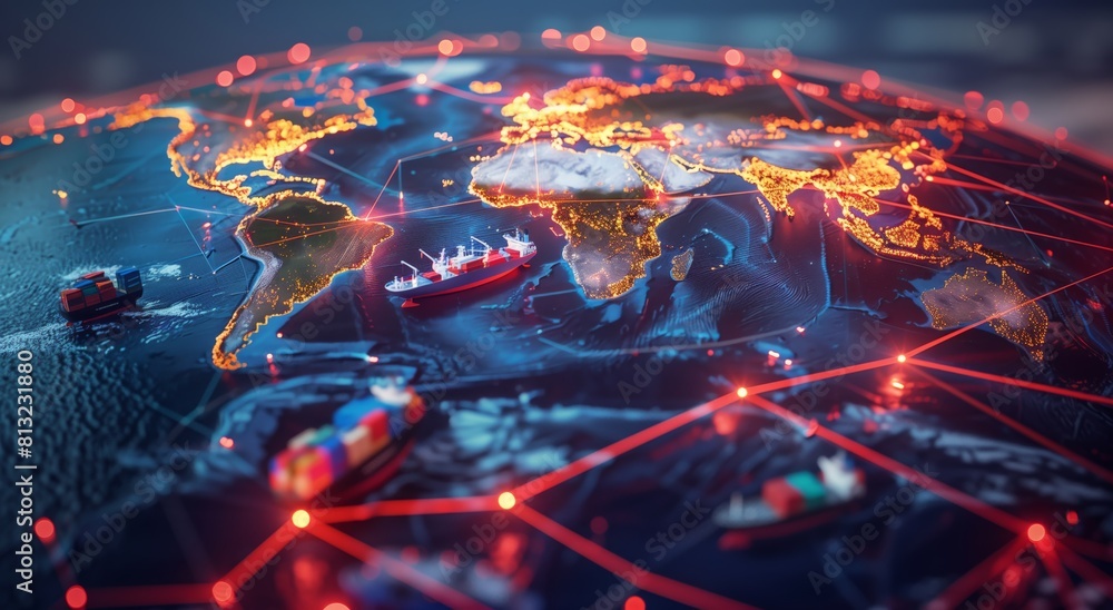 This high-detail digital map showcases strategic global shipping routes ...