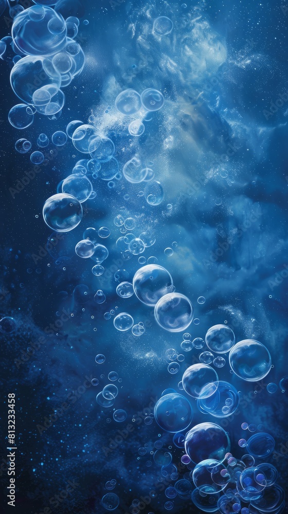 Bubbles floating on the water surface in an abstract composition with a ...