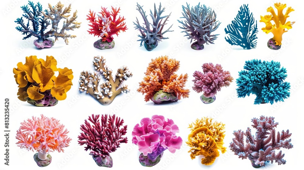 vibrant set of colorful coral reefs isolated on white background cut ...