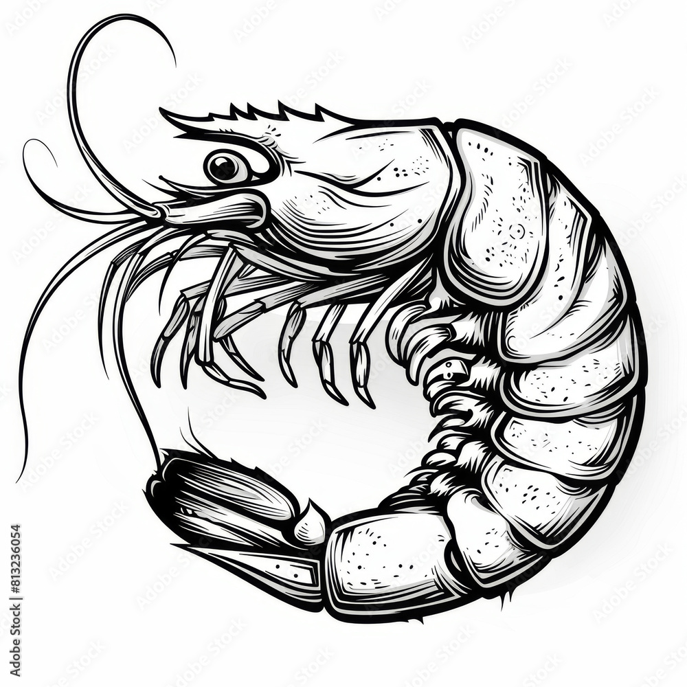 Artistic illustration of a shrimp in black and white, featuring ...