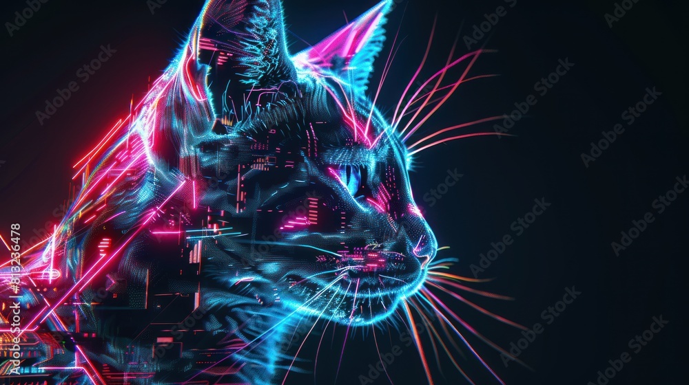 Futuristic neon cyber cat on black background, digital art, cyberpunk ...