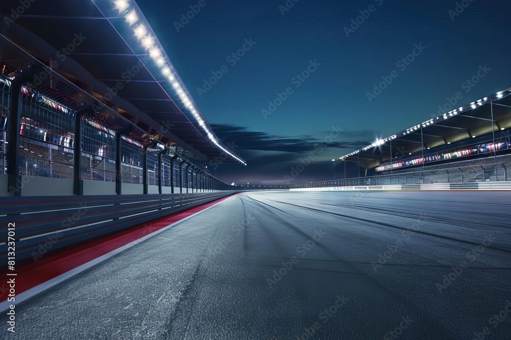 illuminated empty racing track at night realistic grandstand view ...