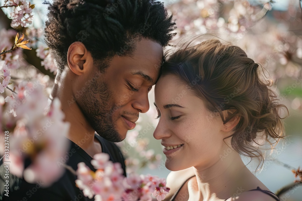 joyful multiracial couple celebrating love and natures beauty in ...
