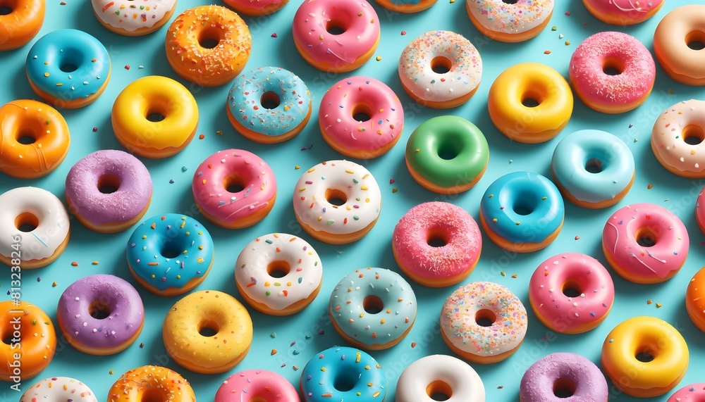 Top View Close-Up of Seamless Pattern of Bright Donuts on Pastel Blue ...