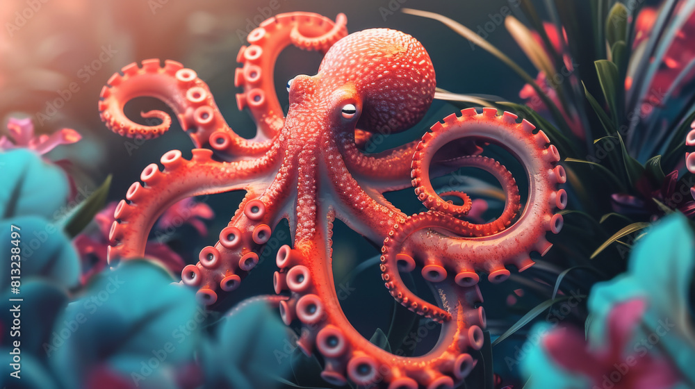 A vivid red octopus with detailed suction cups blends into a colorful ...