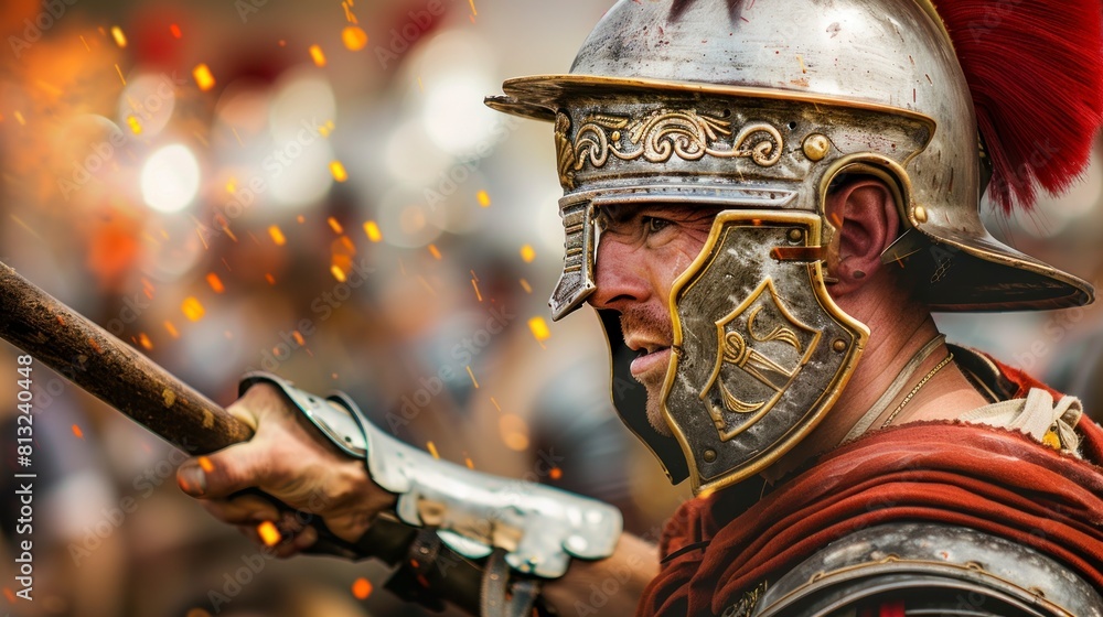 Roman soldier with helmet in battle with swords and shields in high ...