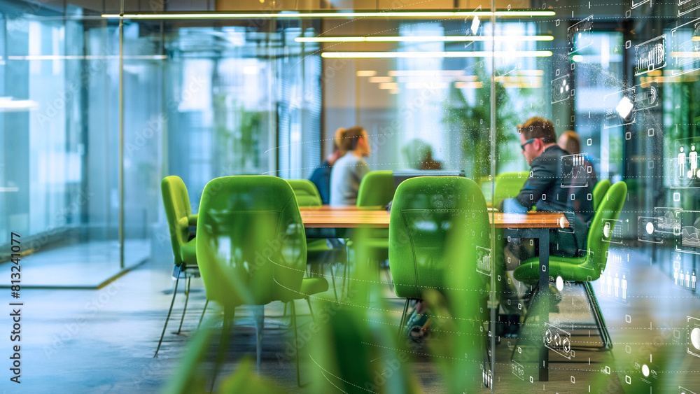 Futuristic office space with digital overlays on natural greenery ...