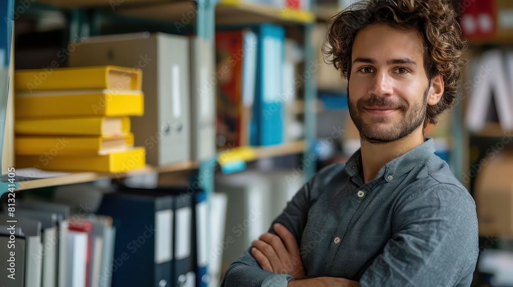 business employee with stack of binders in modern bright office space ...