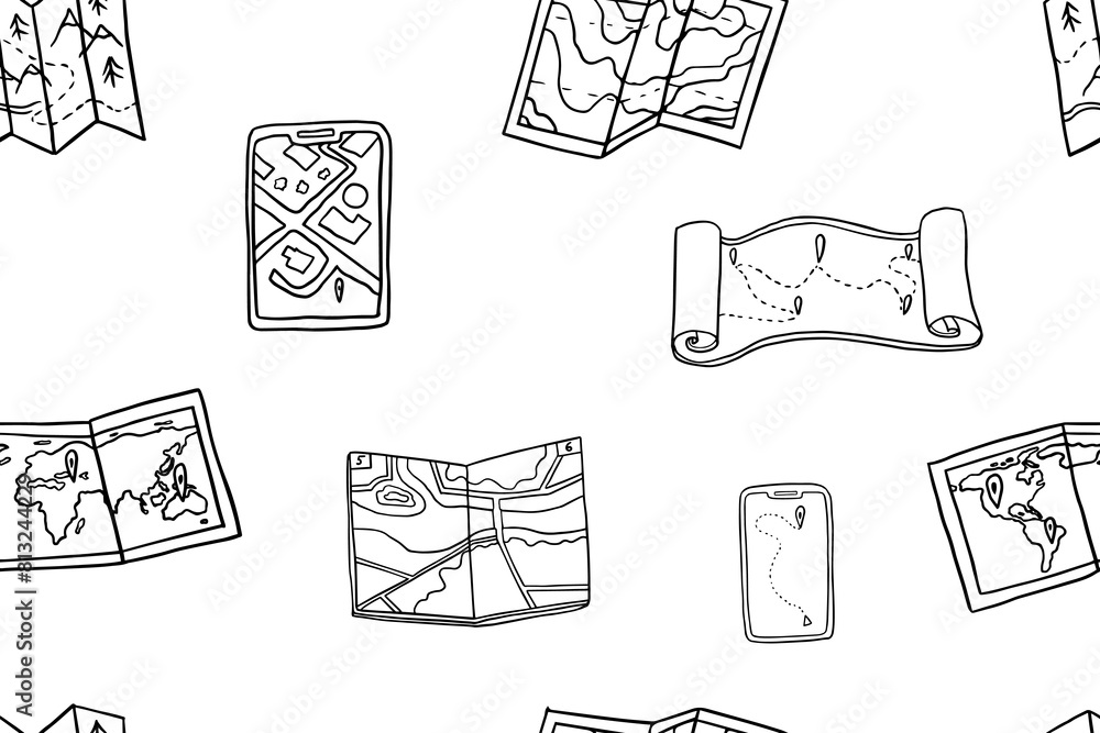 Seamless pattern of travel elements. Tourist map, world map, city card ...