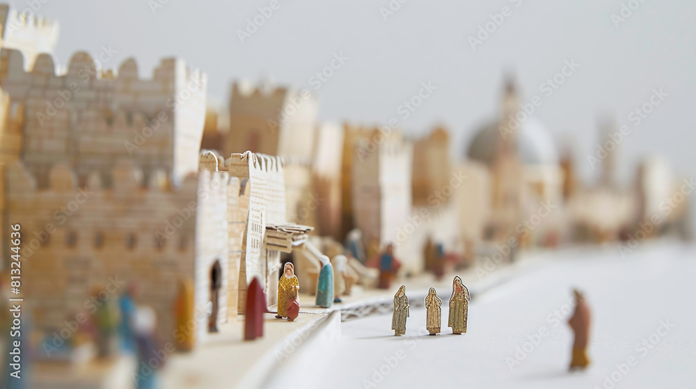 macro tilt-shift photography of tiny figures of Virgin Mary presents Jesus at the temple in ...