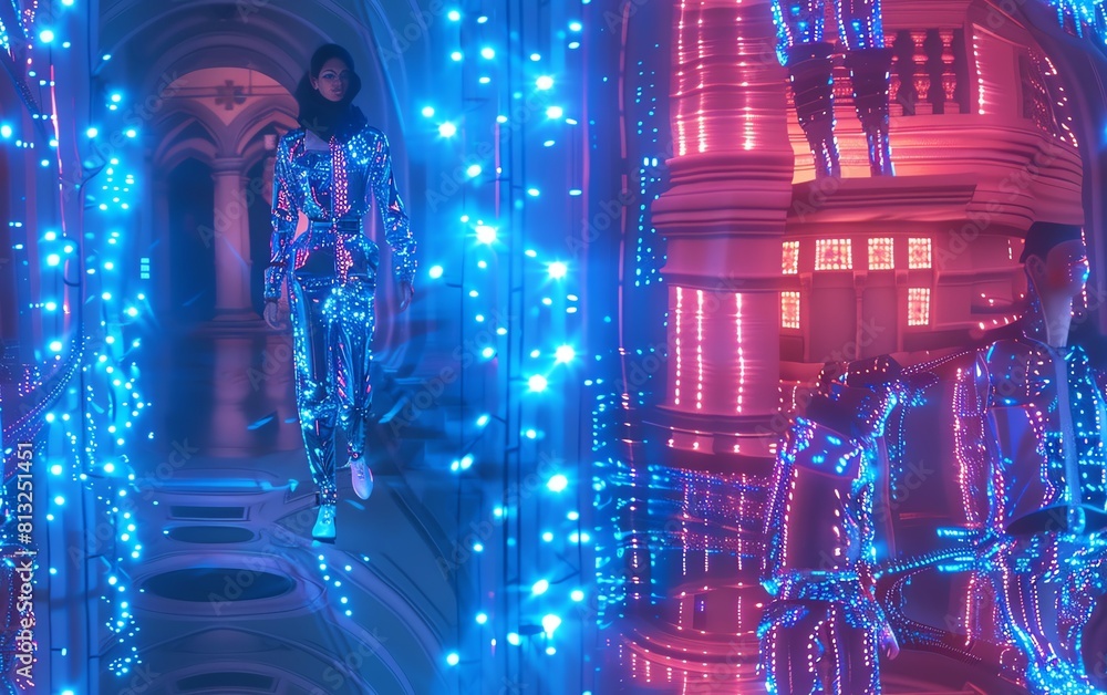 Capture a sleek, metallic spacesuit adorned with constellation patterns ...