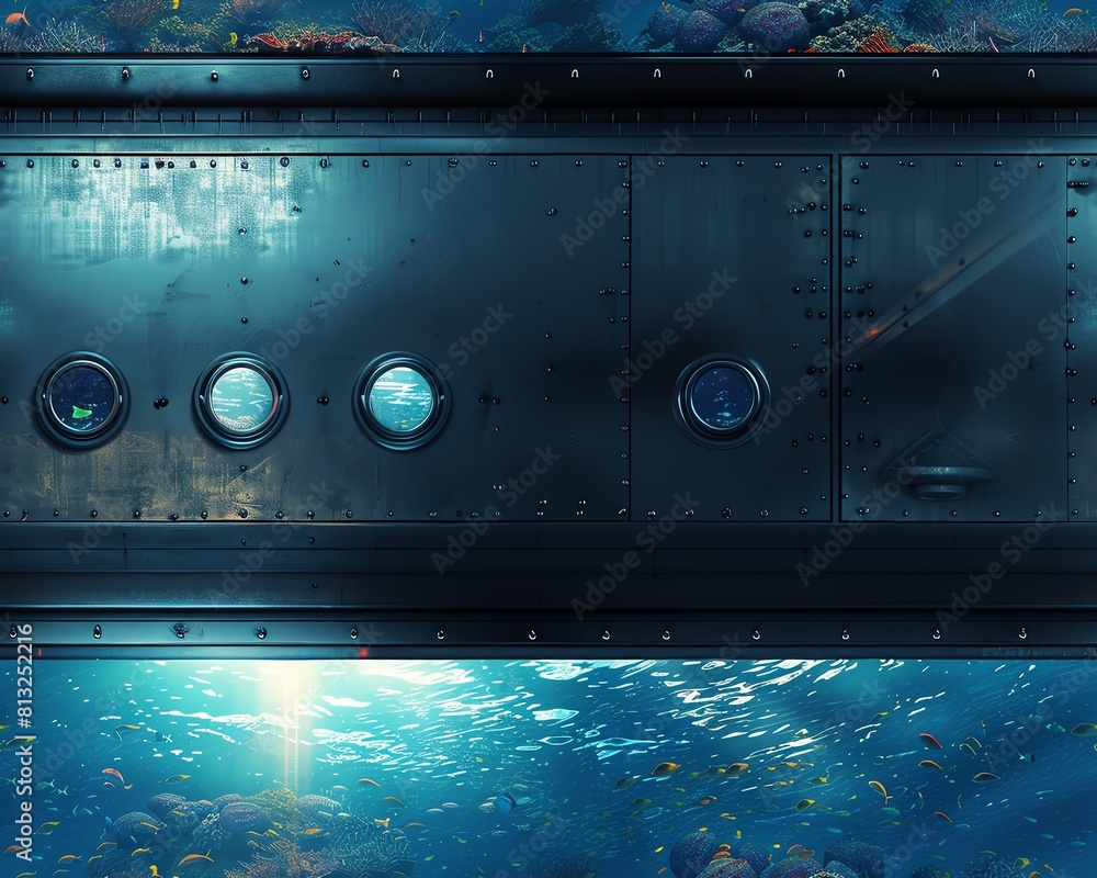 Illustrate a sleek, modern submarines rear window revealing a vast ...