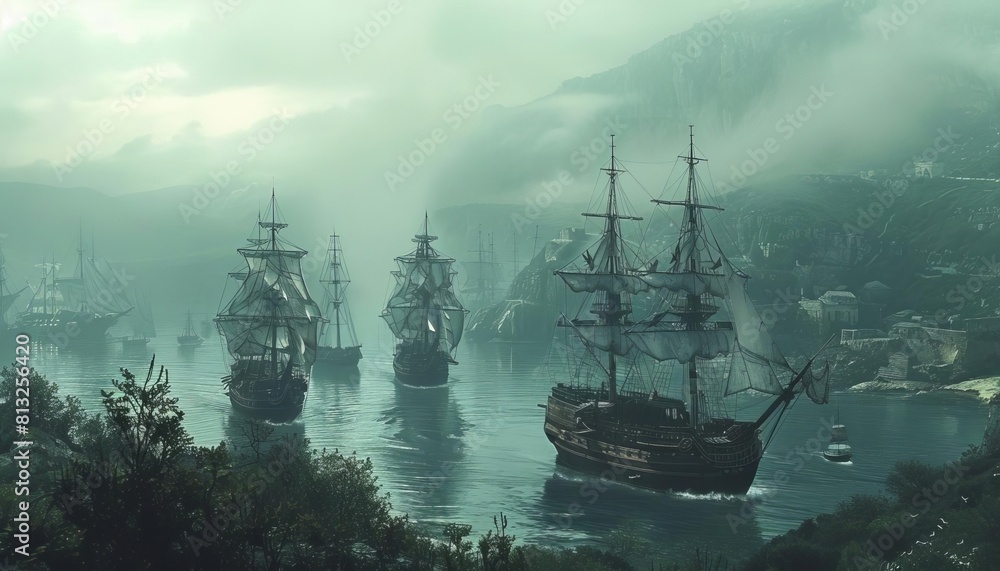 Imagine a scene from the age of exploration with multiple ships setting ...
