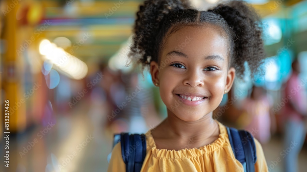 The school bus pulls up the smiling elementary student girl. Back to ...