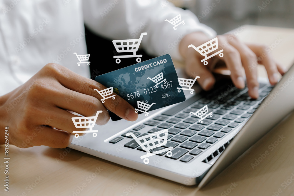 Elegant customer hold credit card with hologram interface choose online ...