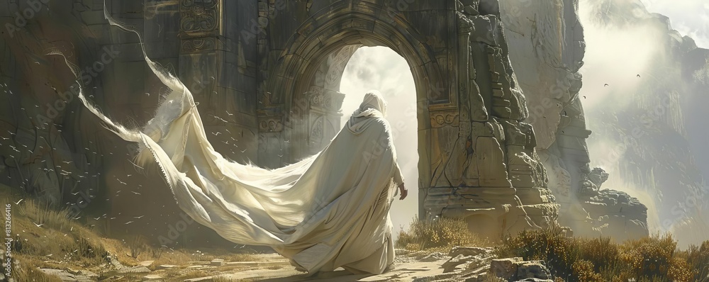 Jesus approaches an ancient stone archway, his flowing white robe ...