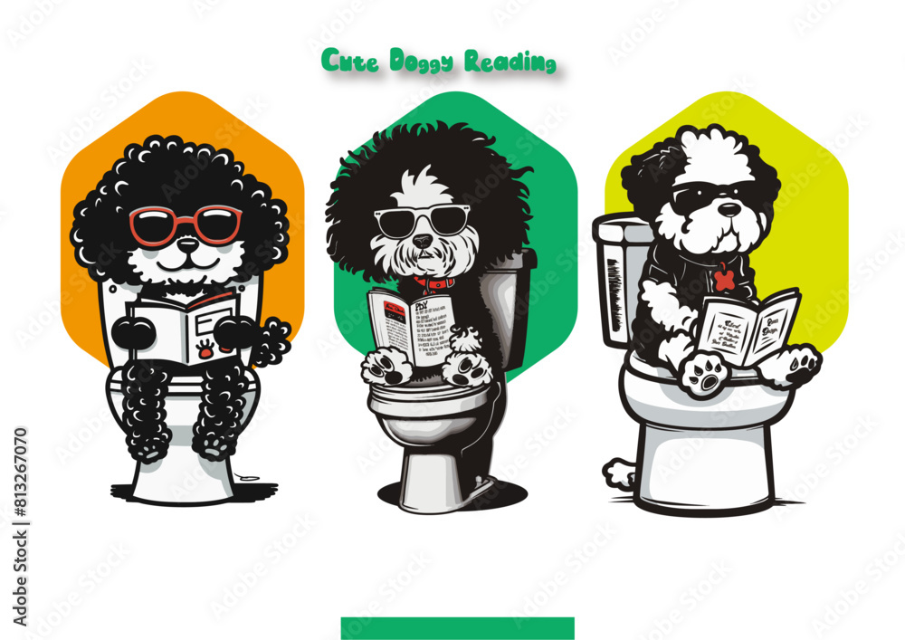 This cartoon illustration features a cute dog sitting on a toilet seat ...