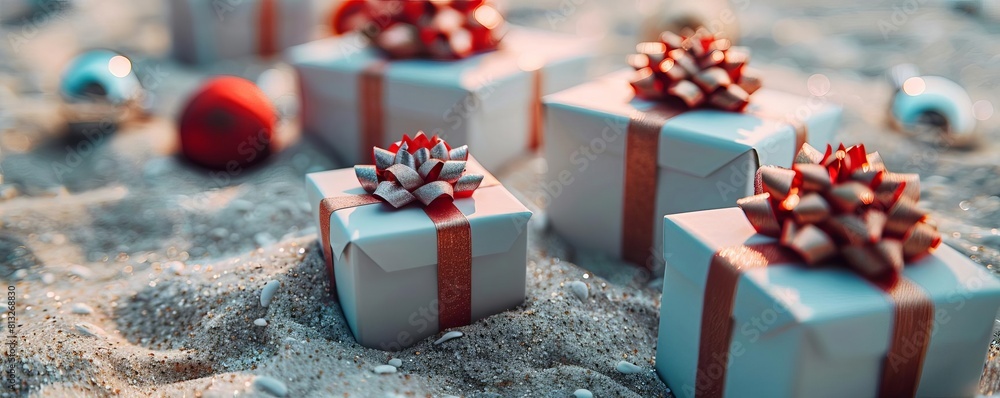 Gift boxes buried in sand, resembling treasure, top view, symbolizing ...