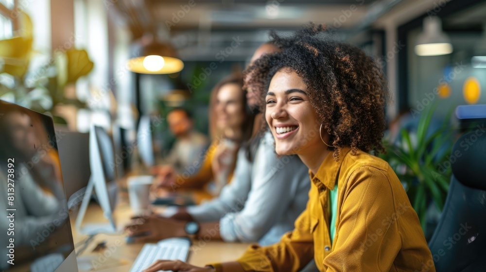 Happy young mixed race african american office worker smiling at ...