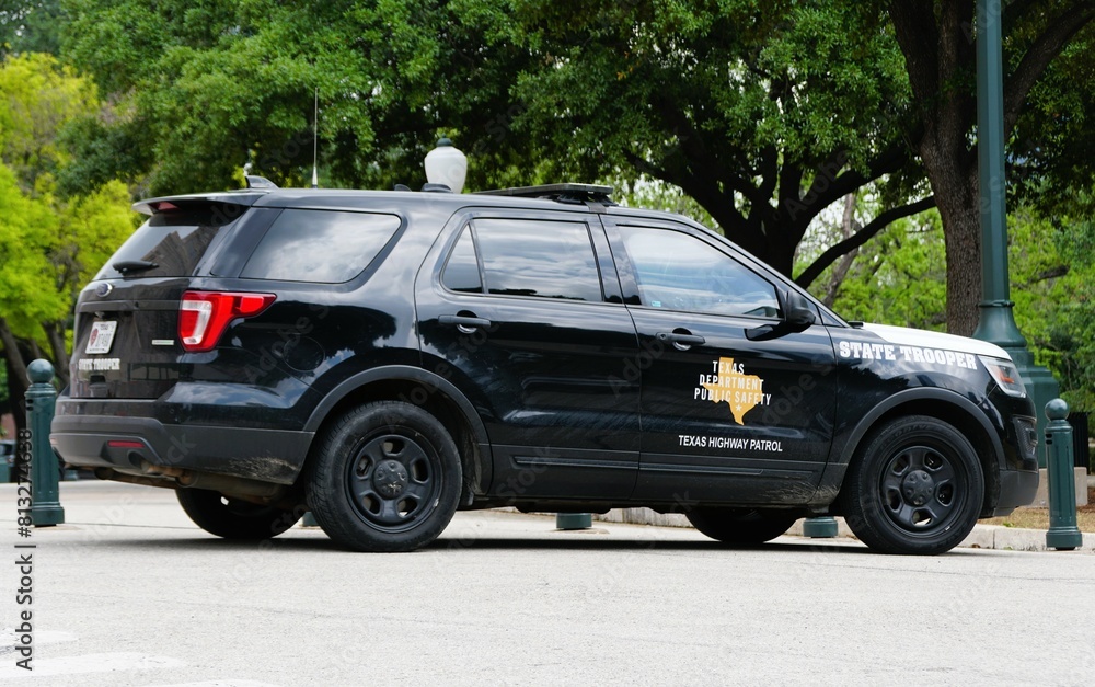 Austin, Texas, U.S.A - April 9, 2024 - The black State Trooper vehicle ...