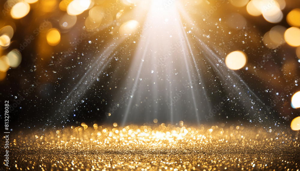 Stage light and golden glitter lights on floor. Abstract gold ...