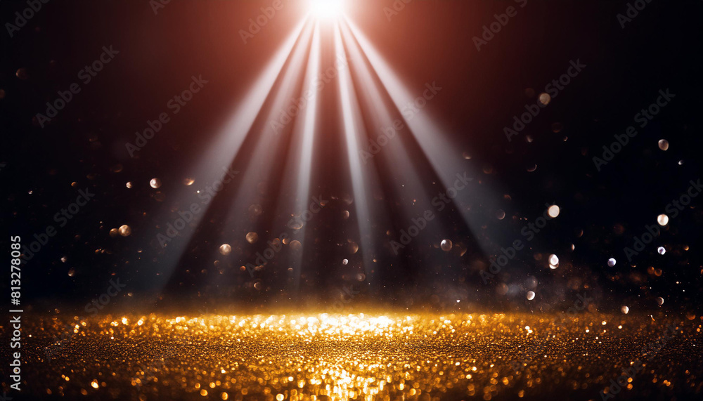 Stage light and golden glitter lights on floor. Abstract gold ...