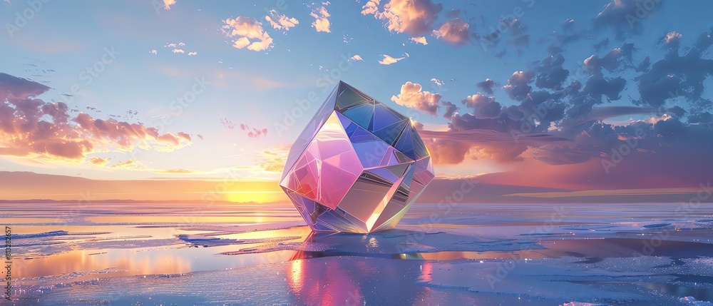 A colorful geometric object made of cubes stands on the frozen lake ...