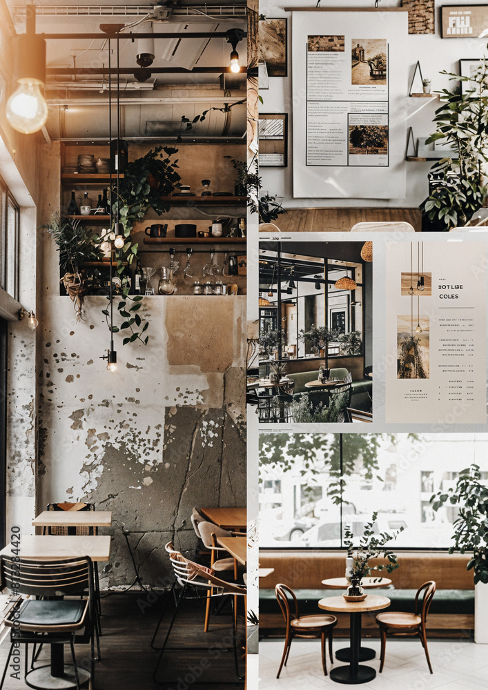 City authentic cafe set of photos, montage mood board, stylish indie ...