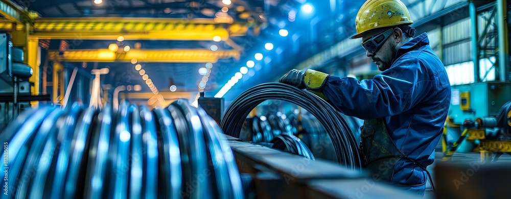In the steel factory, workers wear safety helmets and work hard to coil ...