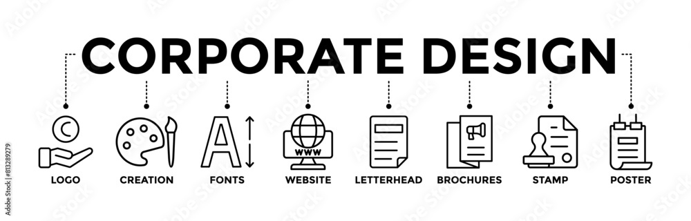 Corporate design banner icons set with black outline icon of logo ...