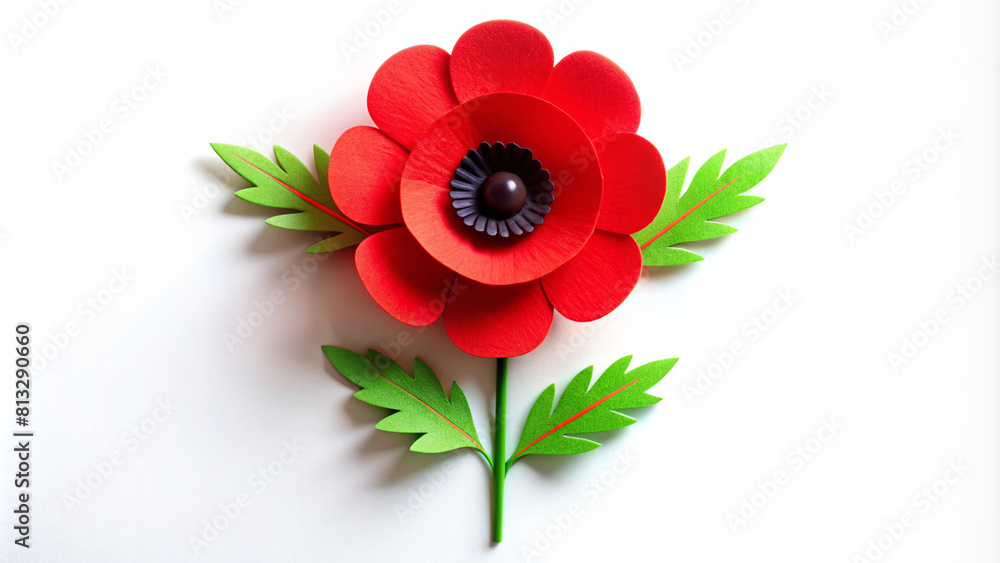 Banner with paper cut red poppy flower, symbol for remembrance ...