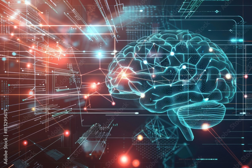 Cognitive networks side view showing brain interlinked with global data ...