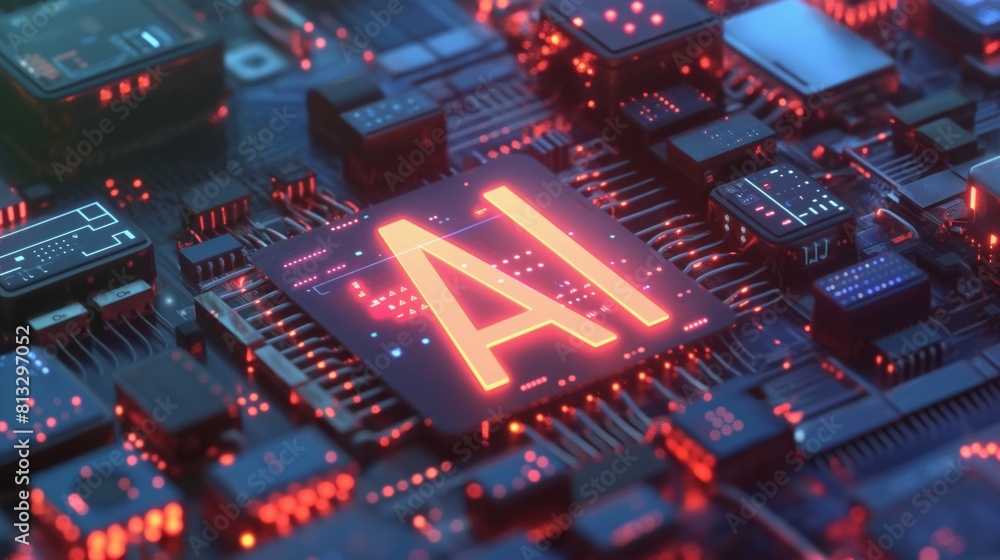 Neon AI signage illuminating a high-tech circuit board. Stock ...
