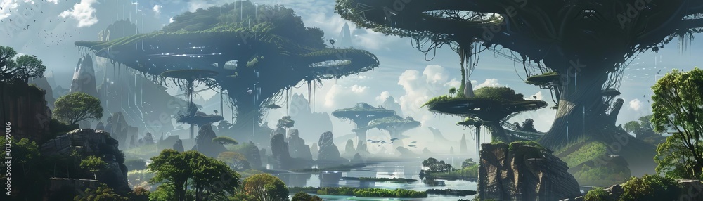 Produce a series of concept art pieces imagining a futuristic world ...